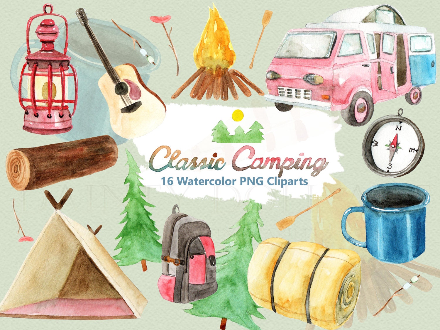Camping Clipart Watercolor Digital Download Travel Outdoors Nature Tent ...