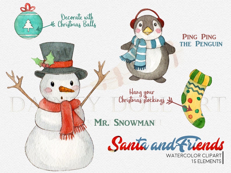Santa Claus Clipart Watercolor Digital Download Christmas Snowman ...