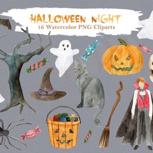 Halloween Clipart Watercolor Pumpkin Witch Ghost Monster Vampire Autumn ...