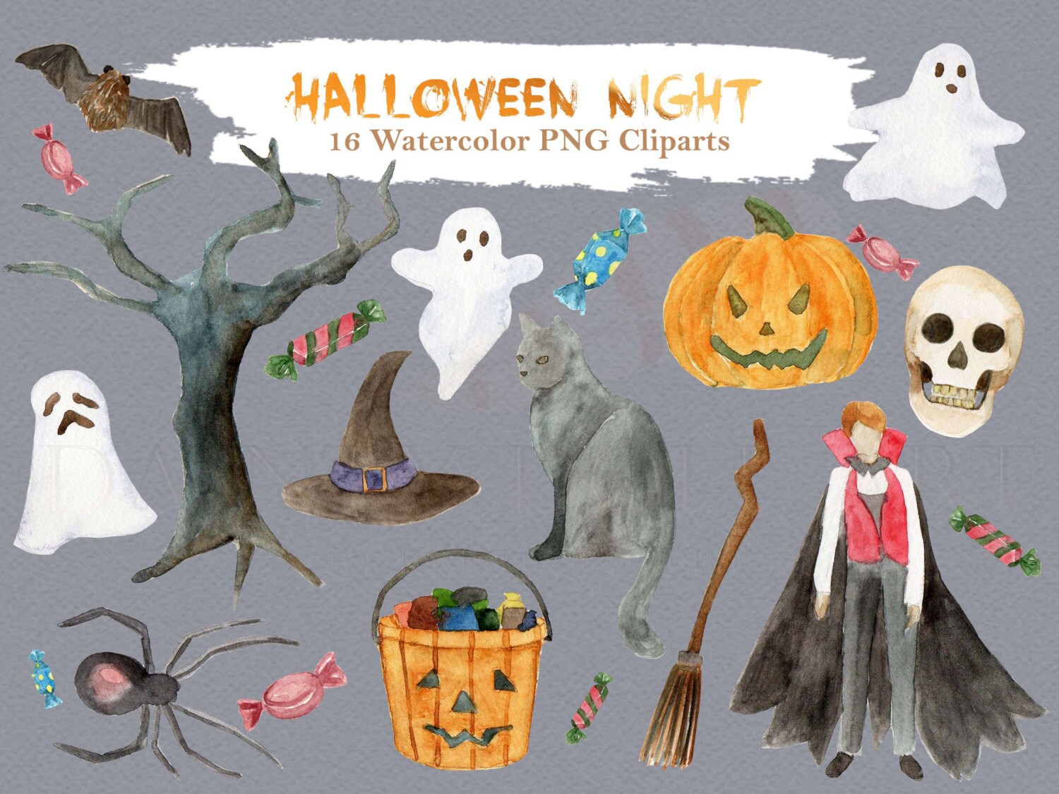 Halloween Clipart Watercolor Pumpkin Witch Ghost Monster Vampire Autumn ...