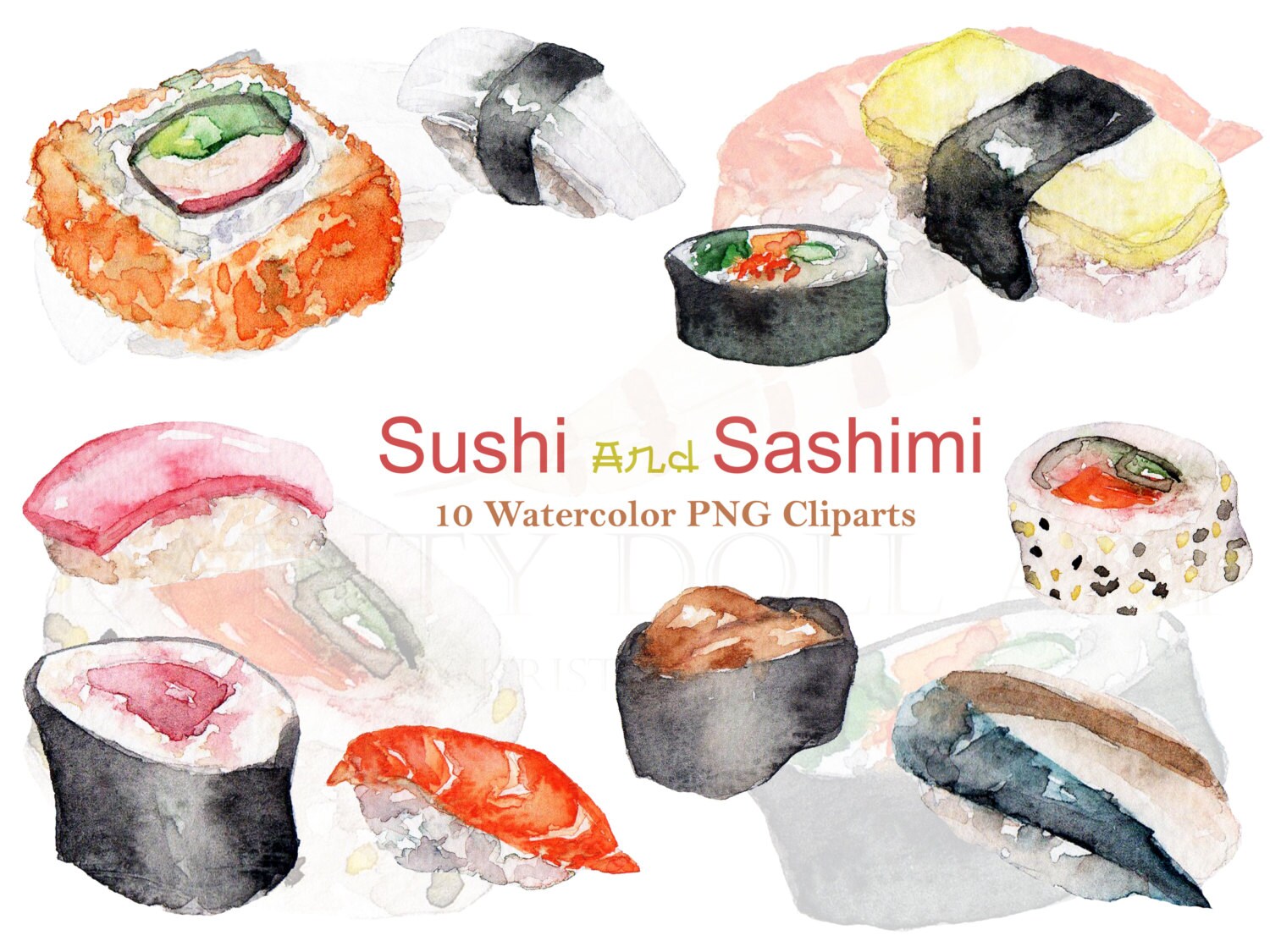 Sushi Sashimi Clipart Watercolor Japan Asian Food Kawaii Restaurant ...