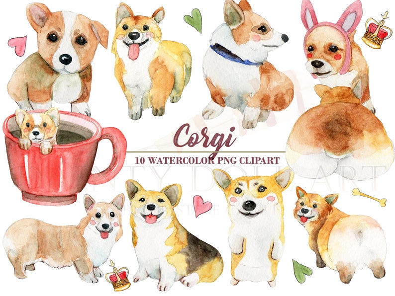 Corgi Clipart Watercolor Dog Welsh Corgi Butt Puppy Pet Kawaii Digital ...