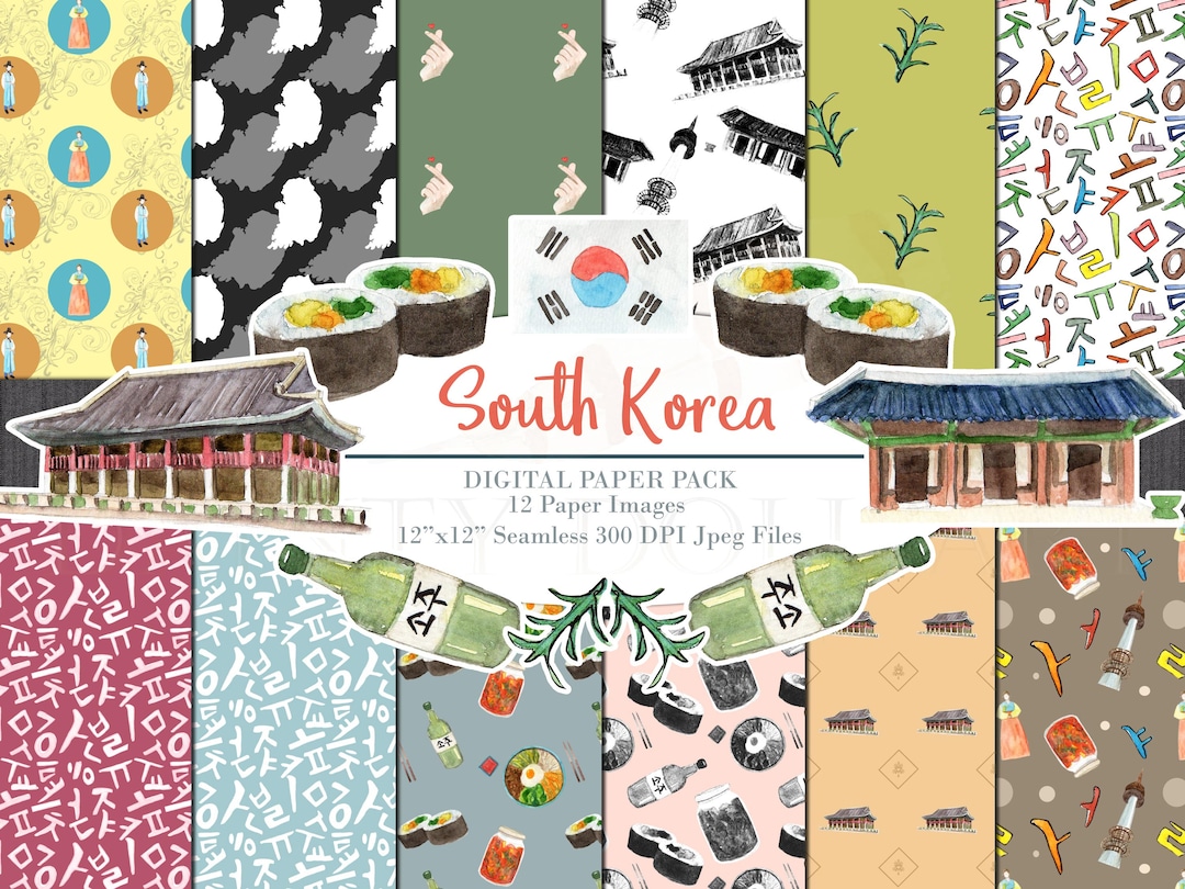 South Korea Digital Paper Pack Clipart Watercolor Printable Scrapbook ...