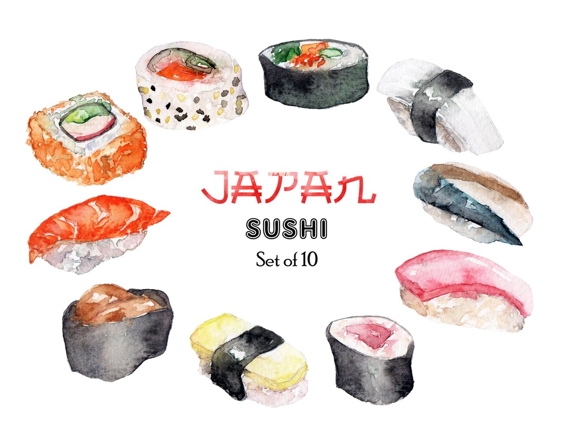 Sushi Sashimi Clipart Watercolor Japan Asian Food Kawaii Restaurant ...