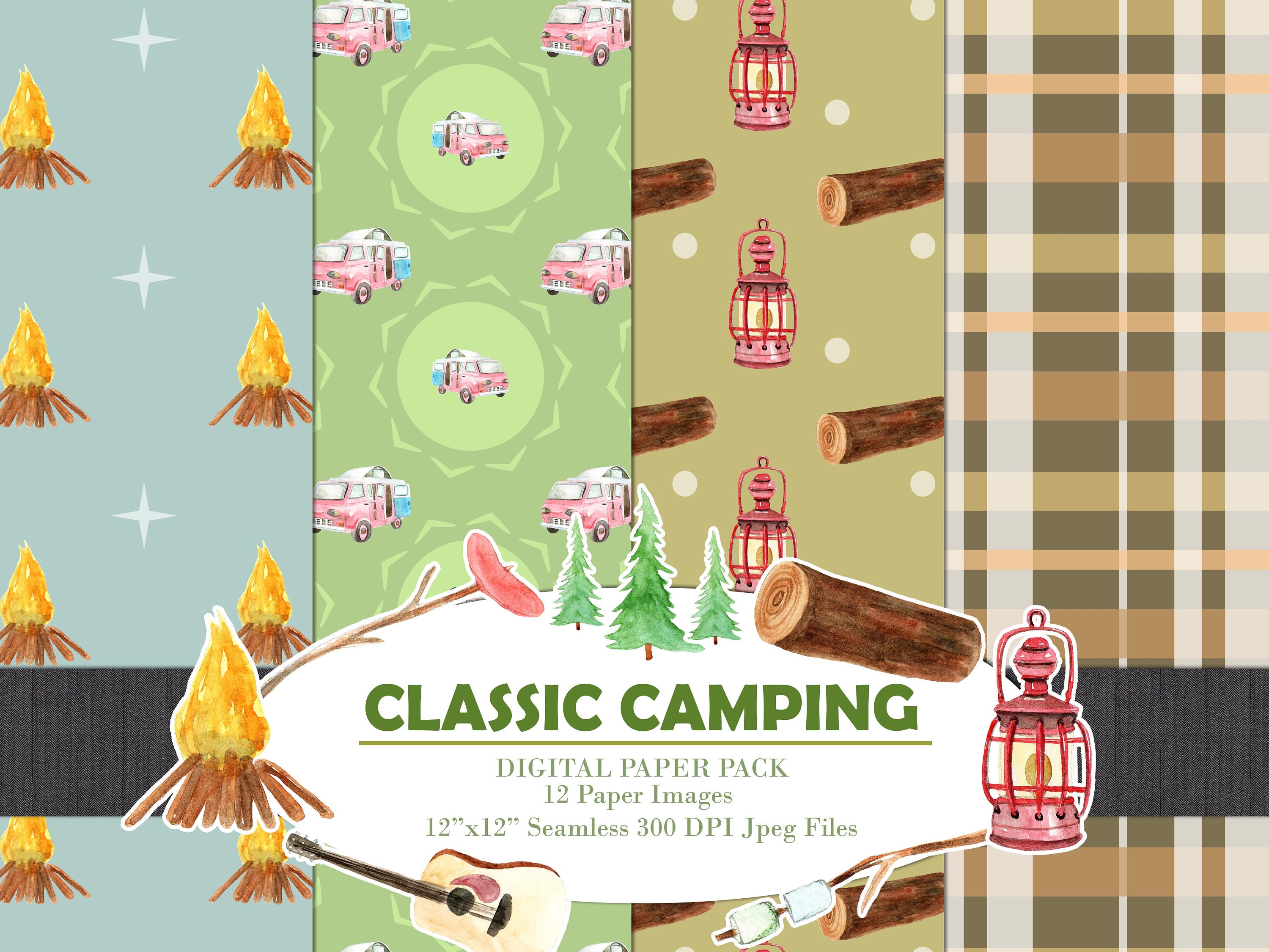 Camping Digital Paper Pack Clipart Watercolor Printable Scrapbook ...