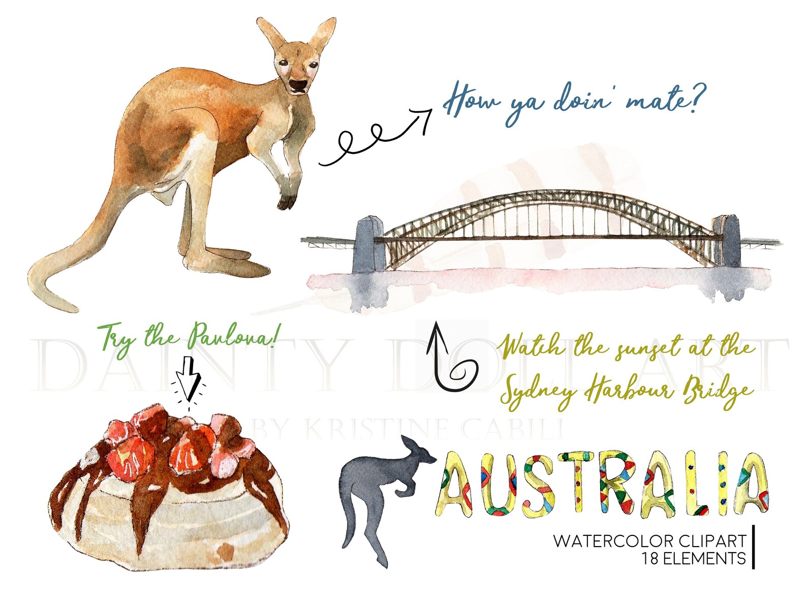 Australia Clipart Watercolor Digital Download Travel Kangaroo Koala ...
