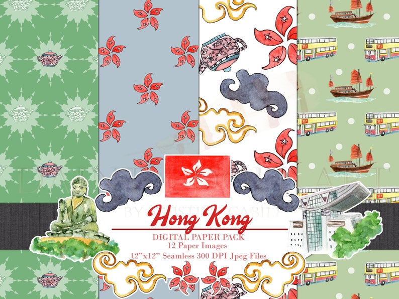Hong Kong Digital Paper Pack Clipart Watercolor Printable Scrapbook ...