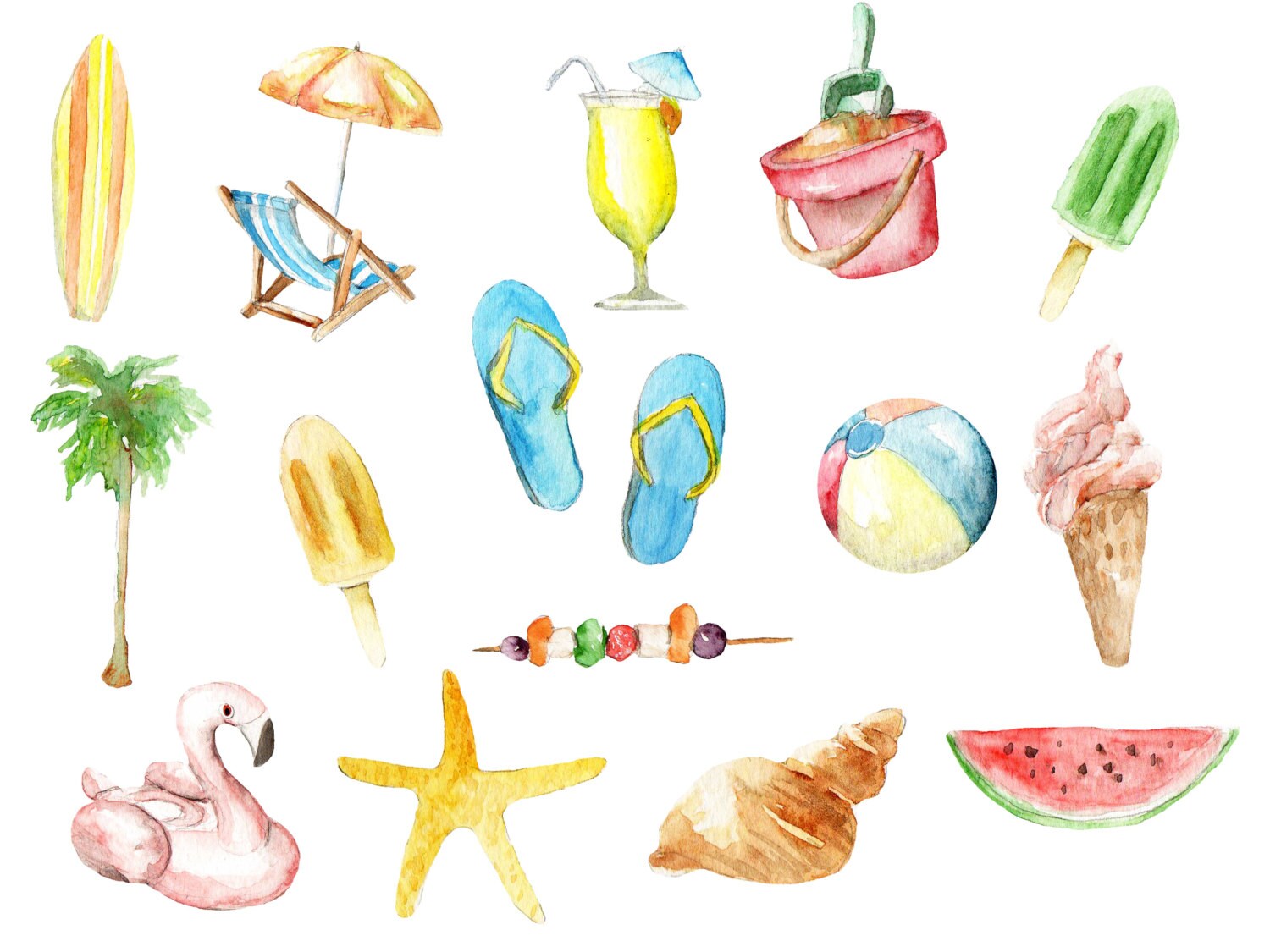 Summer Clipart Watercolor Digital Download Beach Party Vacation ...