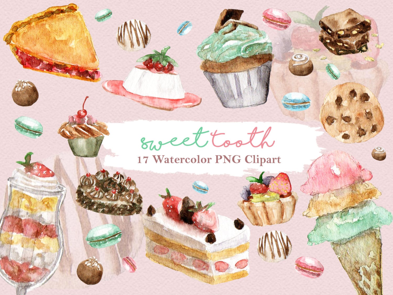 Sweets Clipart Watercolor Dessert Cupcake Cake Food Chocolate Cookie ...