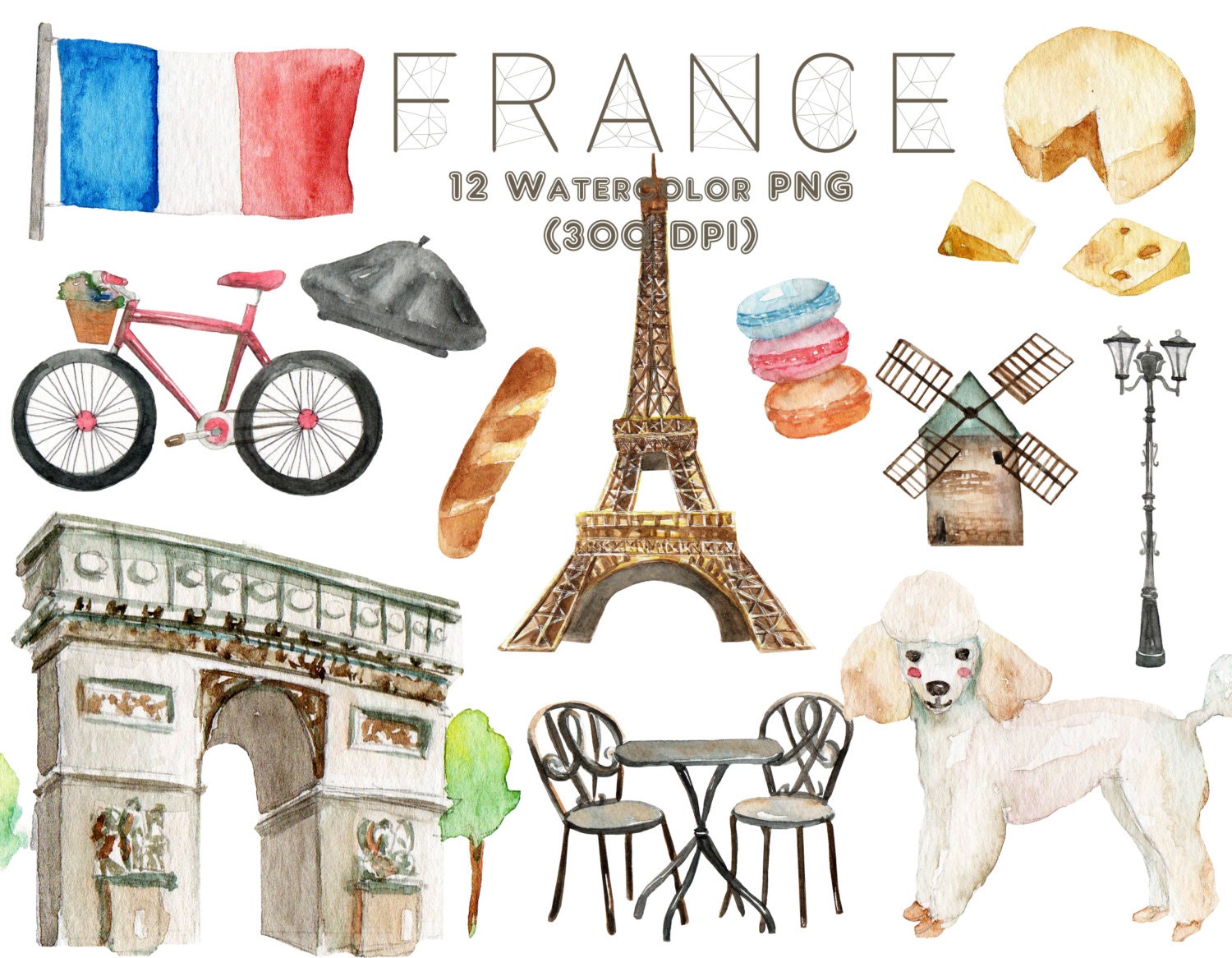 France Paris Watercolor Clipart Eiffel Tower Arc De Triomphe Poodle ...