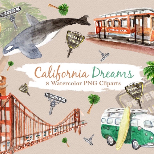 California Clipart Watercolor Digital Download Travel USA - Etsy