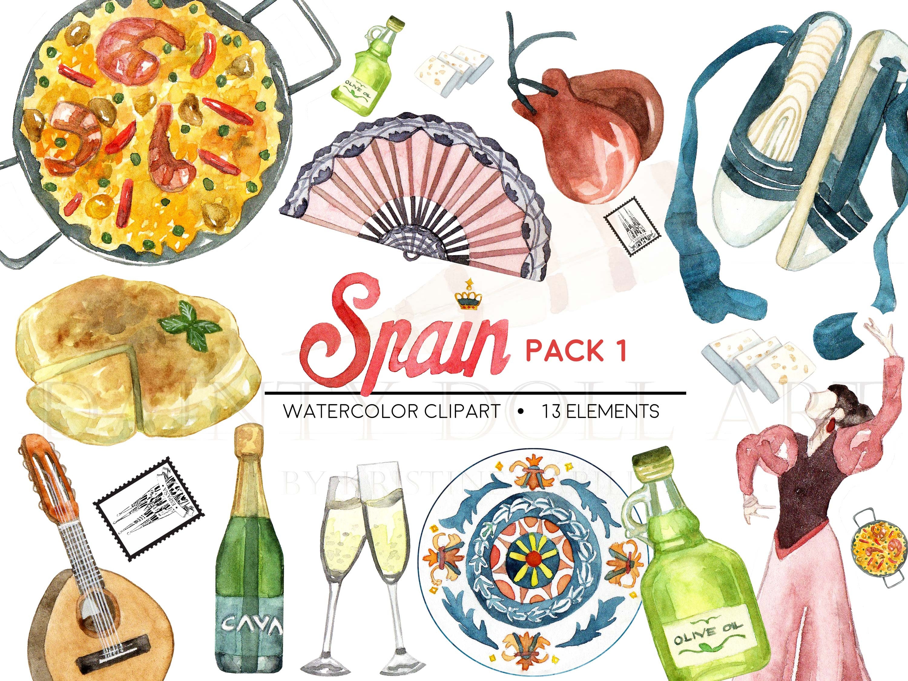 Spain Clipart Watercolor Digital Download Travel Spanish Paella Abanico ...