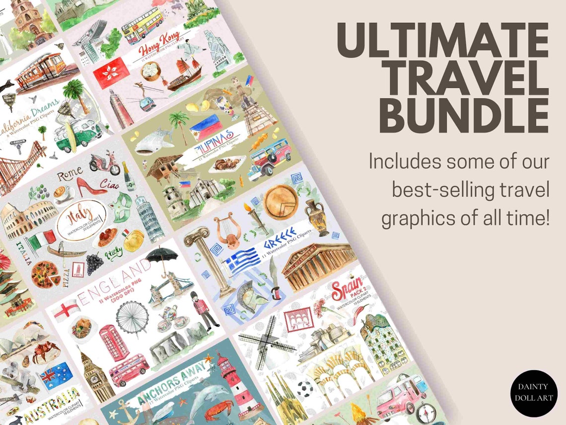 Travel Watercolor Clipart Bundle Travel and Vacation Planner - Etsy