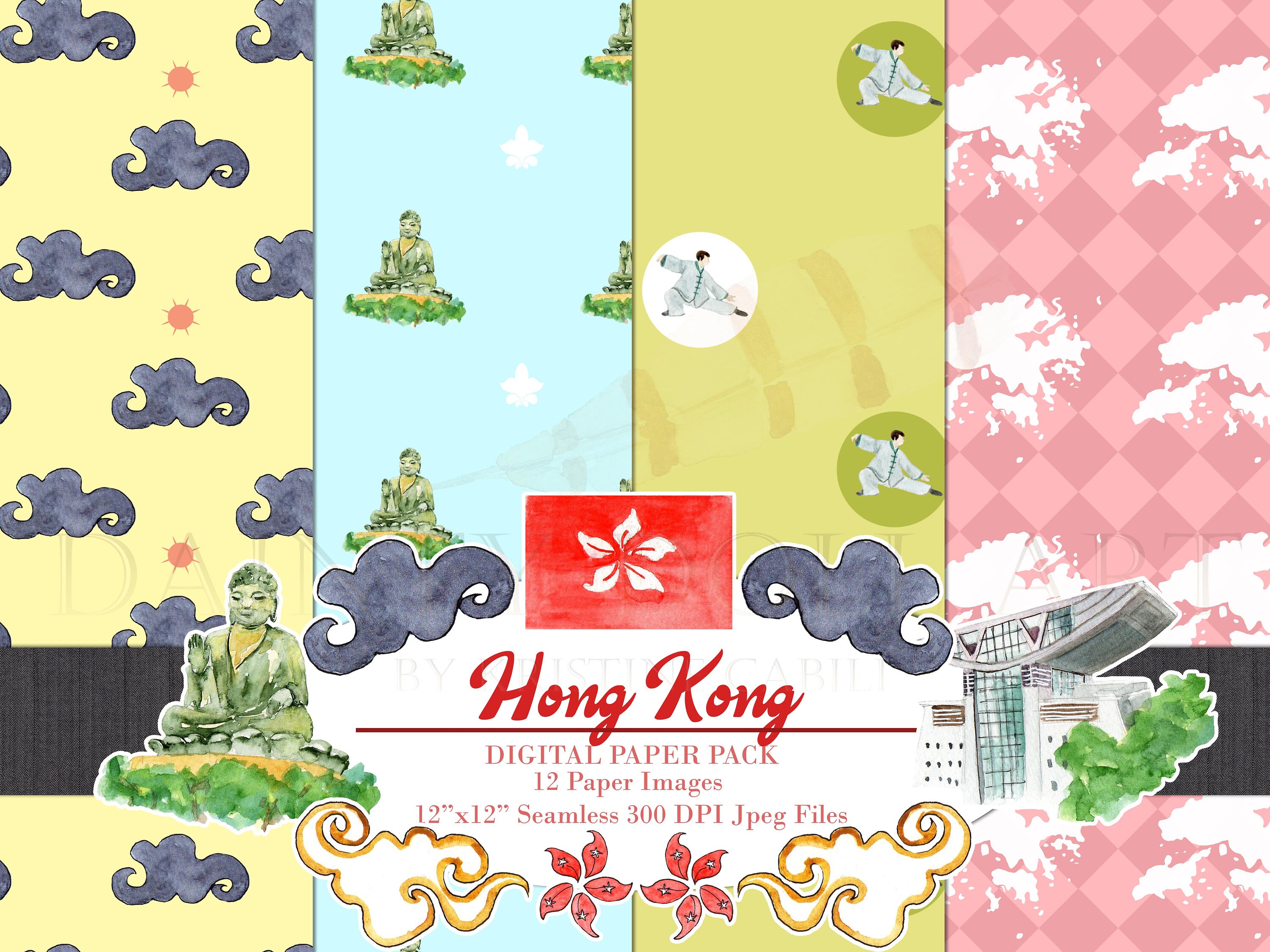 Hong Kong Digital Paper Pack Clipart Watercolor Printable Scrapbook ...