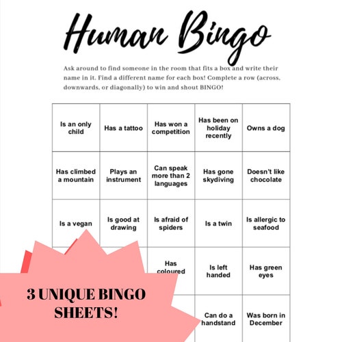 HUMAN BINGO Ice Breaker Party Game Friends Offices - Etsy