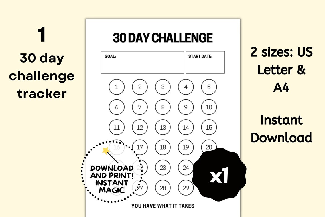 Printable 30-day Challenge Tracker Goal Tracking Sheet Habit Formation ...