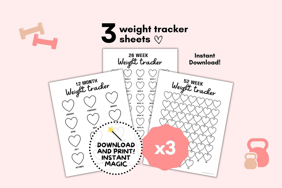 3x Printable Weight Tracker Set - 3 Sheets for Weeks and Months - Cute ...