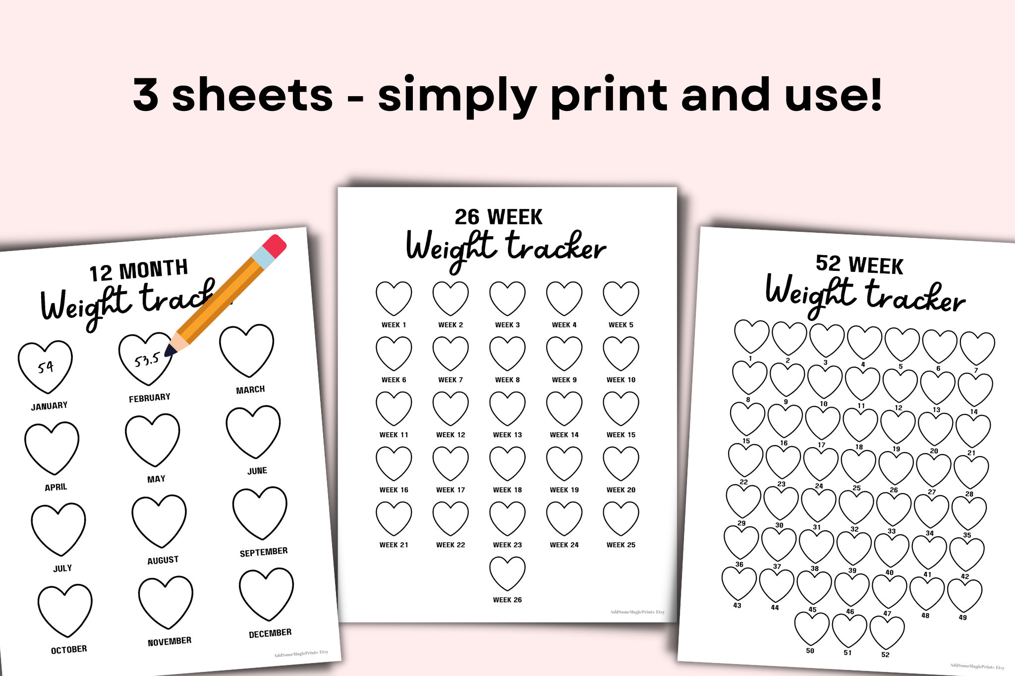 3x Printable Weight Tracker Set - 3 Sheets for Weeks and Months - Cute ...