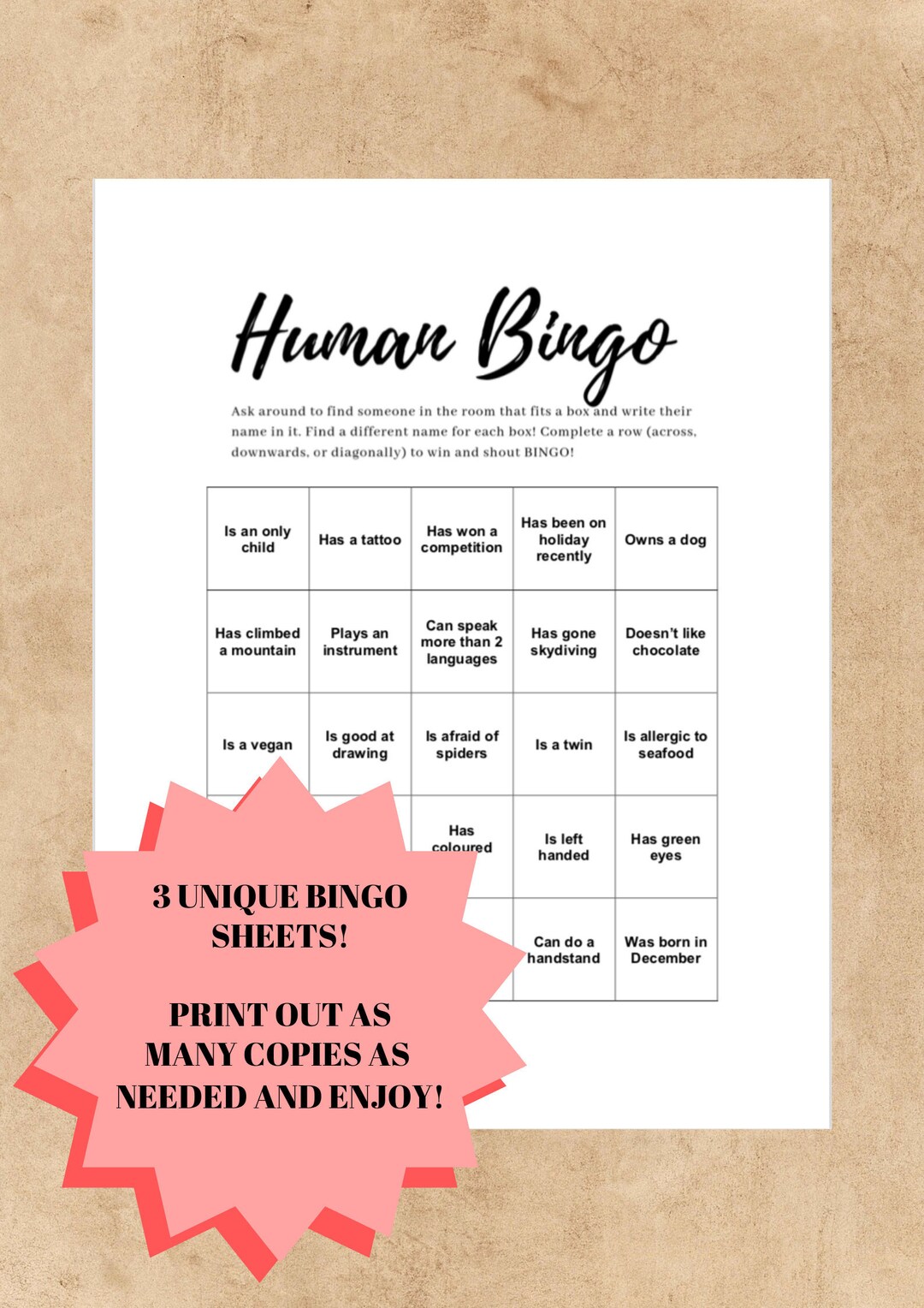 HUMAN BINGO Ice Breaker Party Game Friends Offices - Etsy