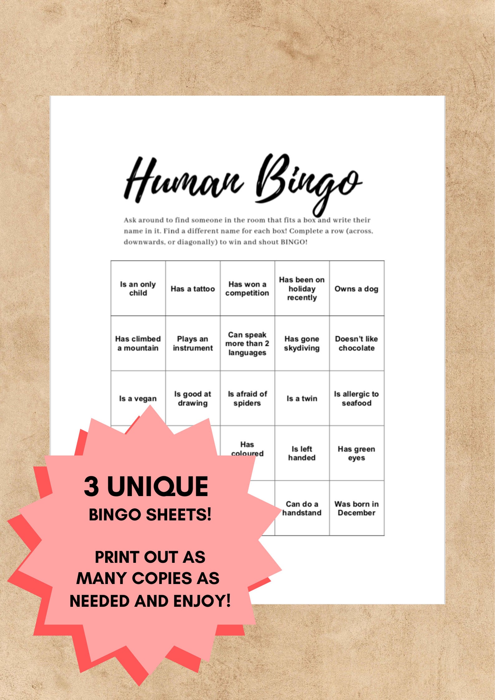 HUMAN BINGO Ice Breaker Party Game Friends Offices Corporate Events - Etsy