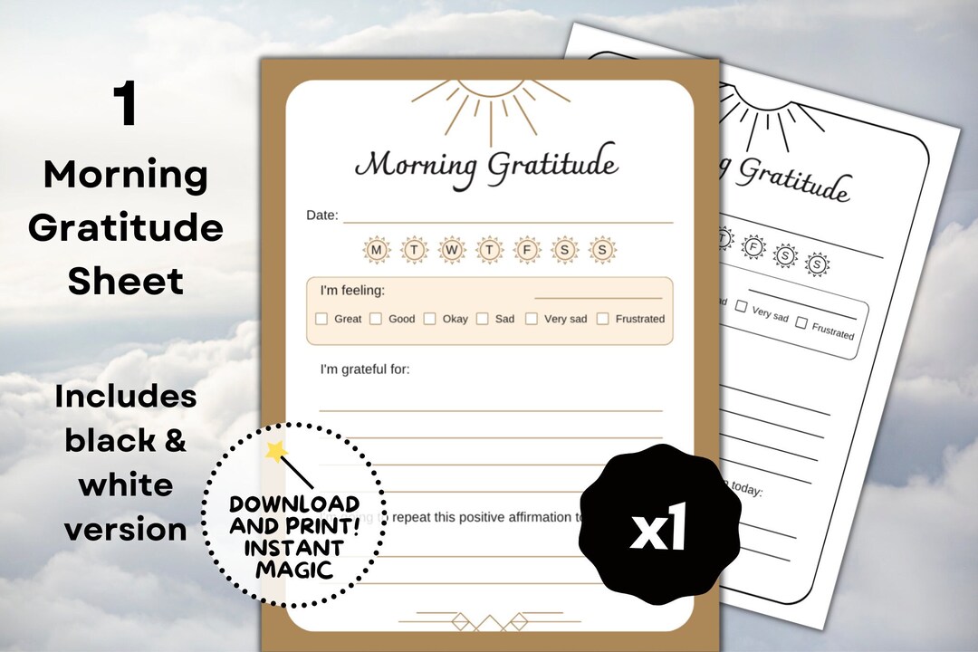 Printable Daily Morning Gratitude Sheet - Bronze Sun Design, Black and ...