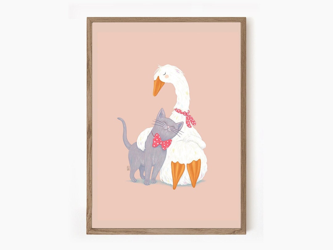 Cat and Goose Pink Wall Decor Art Print, Colorful Artwork for Nursery ...