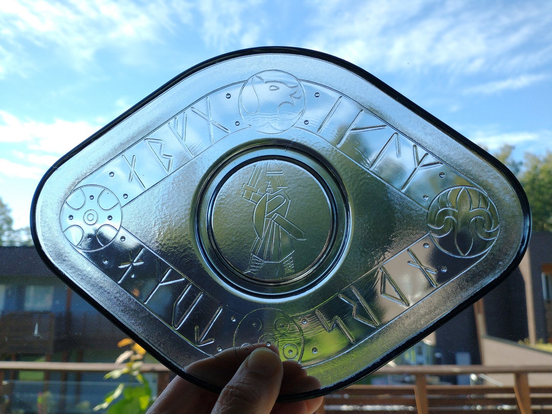 Scandinavian Viking Glass Plate / Diamond Shape / Smoked Glass / Runic ...