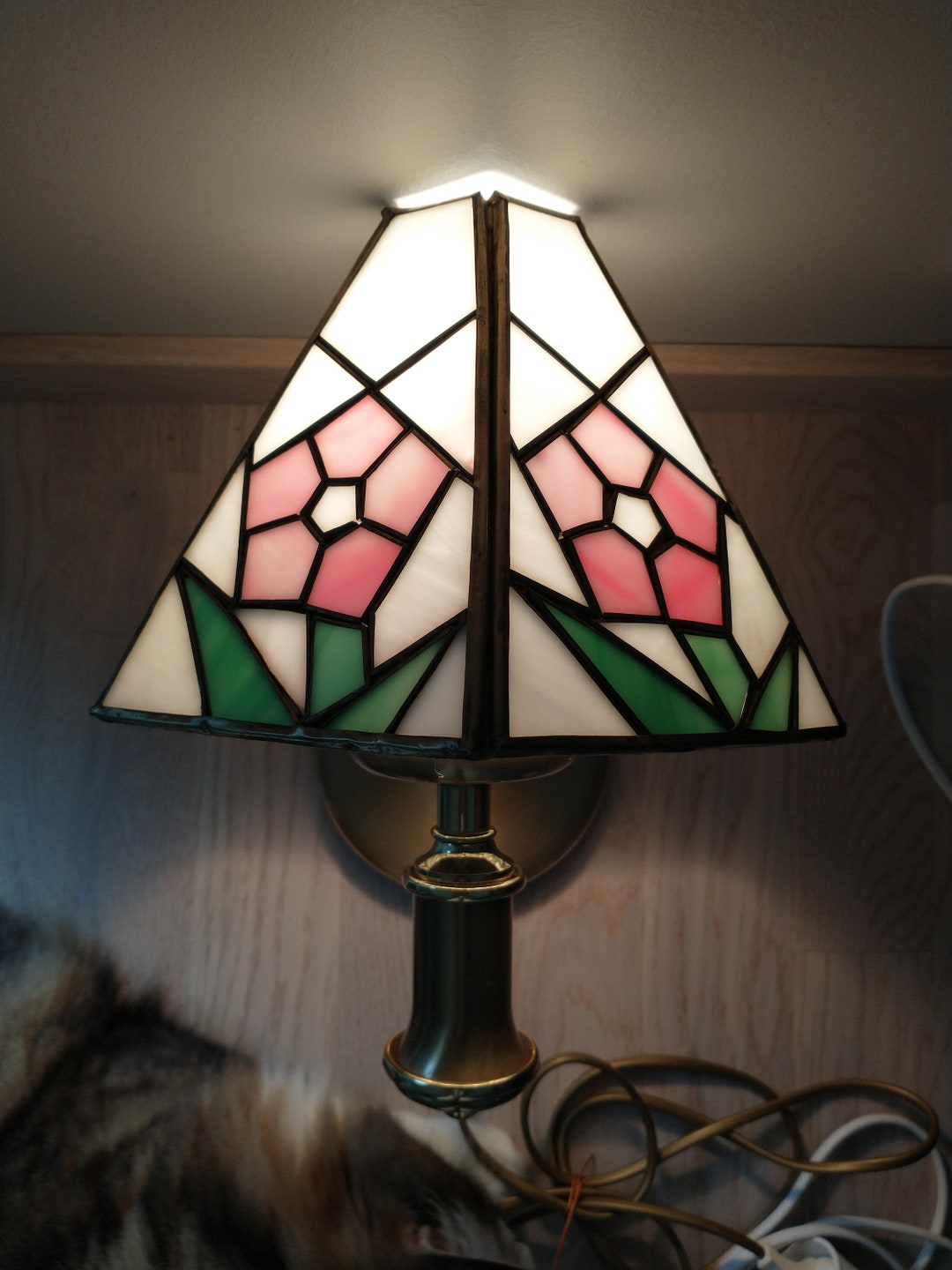 Lovely Stained Glass Scone Lamp Wall Light Fink Flower Vintage Etsy