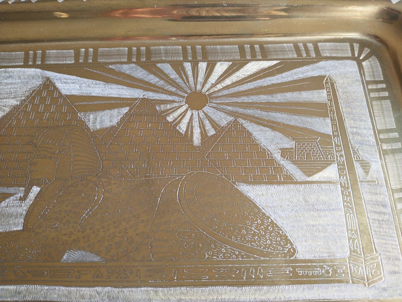 Egyptian Hand Etched Brass Tray / Giza / Pyramid / Sphinx / Ancient ...