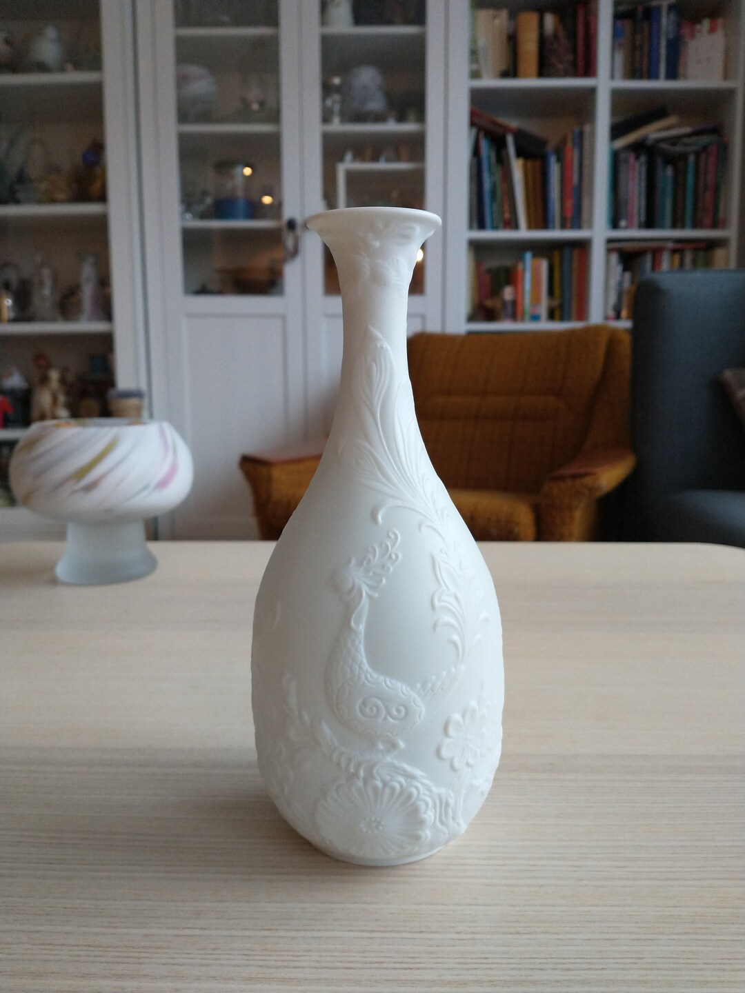 Kaiser, W. Germany, Biscuit Ceramic Vase, Peacock, Pure White, Decor ...