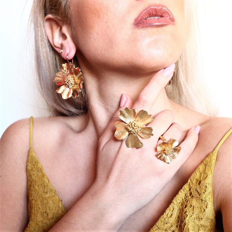 Statement Gold Flower Drop Earrings: Oversized 18K Gold Plated Brass - Etsy