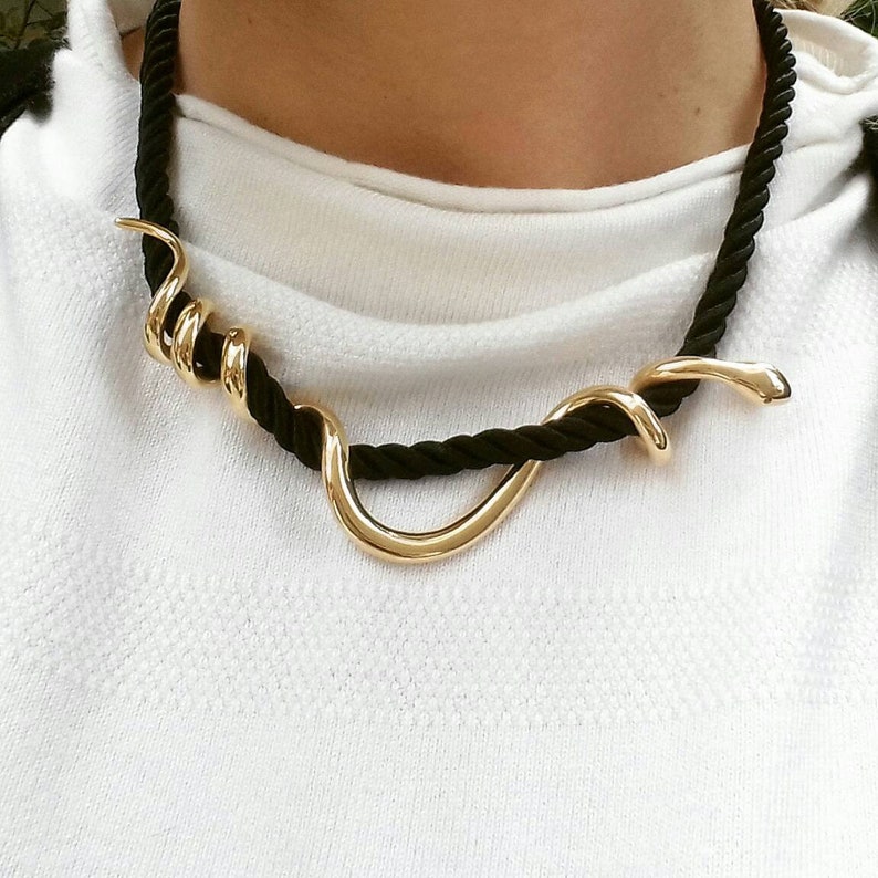 Gold Snake Necklace on Twisted Silk Rope Handmade Gold-plated - Etsy