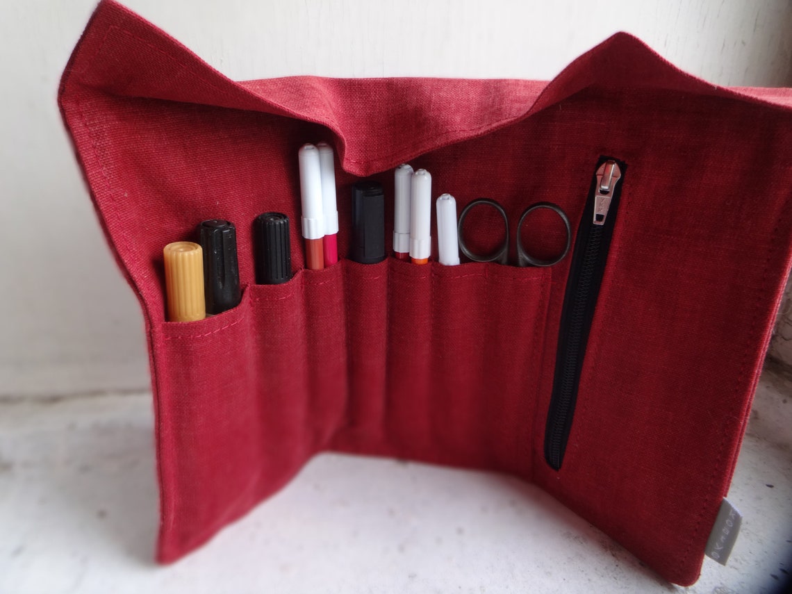 Red Pencil Case / Roll Pencil Case / Canvas Pencil Case / Handmade ...