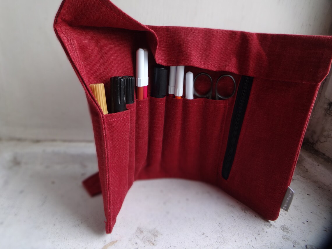 Red Pencil Case / Roll Pencil Case / Canvas Pencil Case / Handmade ...