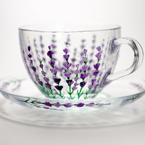 Tea Cup and Saucer Lavender Tea Set, Floral Glass Teacup, Personalized ...
