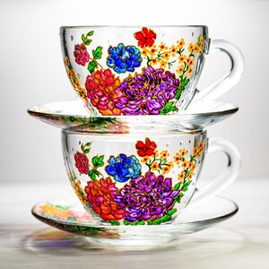 Tea Cups and Saucers Colorful Floral Tea Set 2 Cups With Saucers ...