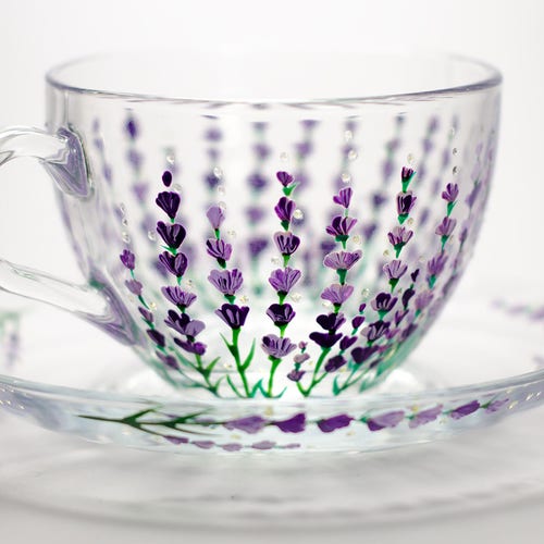 Tea Cup and Saucer Lavender Tea Set Floral Glass Teacup - Etsy