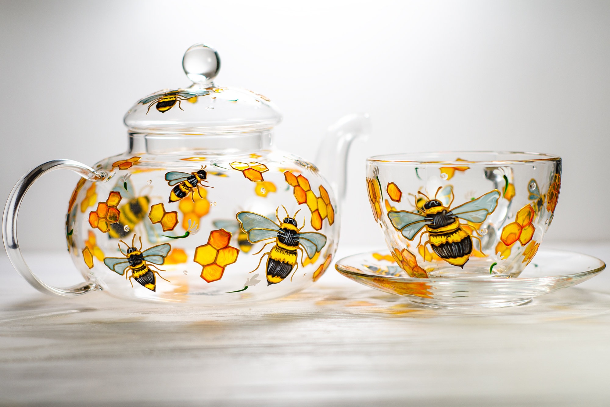 Mothers Day Gift, Hand Painted Glass Tea Set, Bee Teapot With Cups and ...