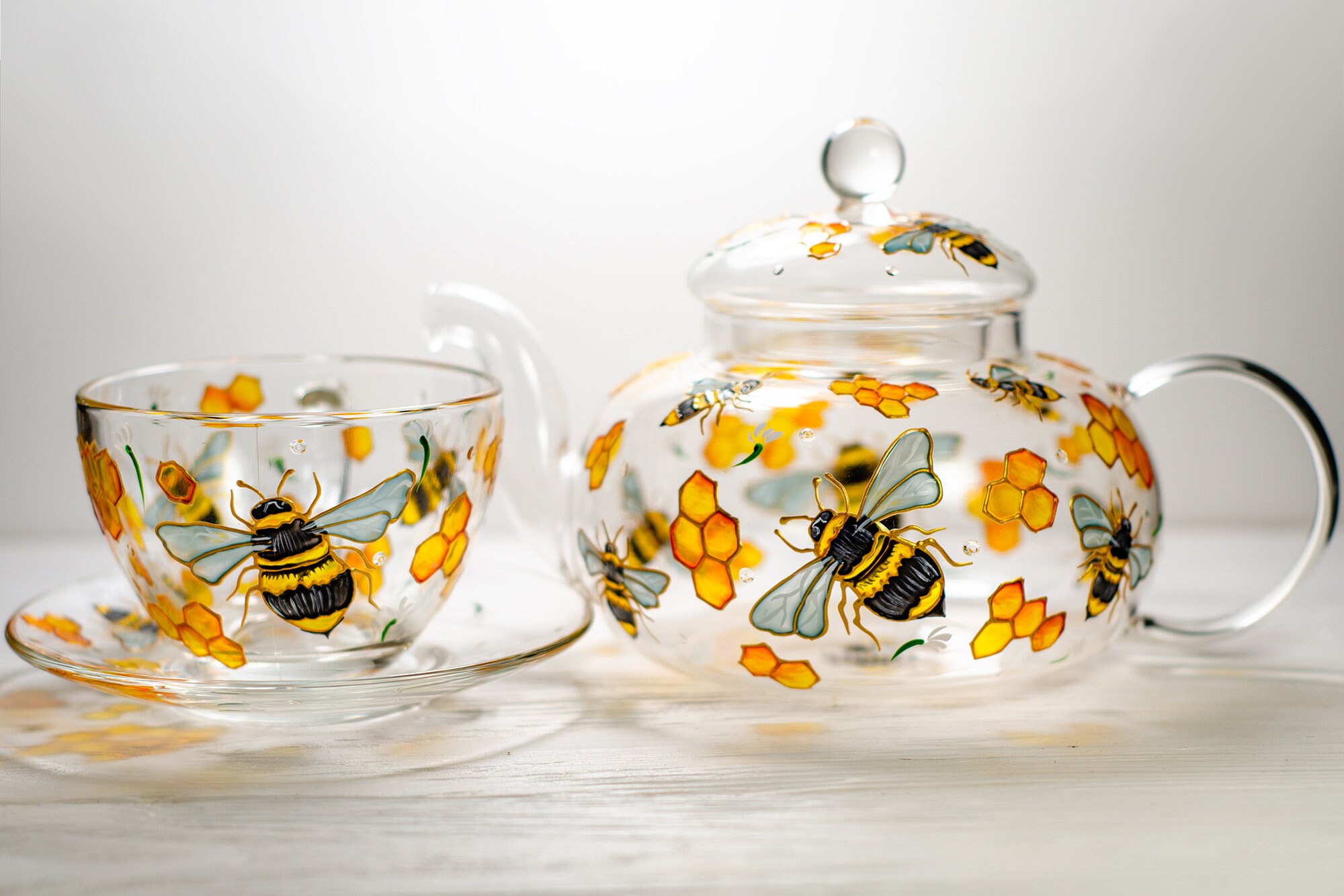 Mothers Day Gift, Hand Painted Glass Tea Set, Bee Teapot With Cups and ...