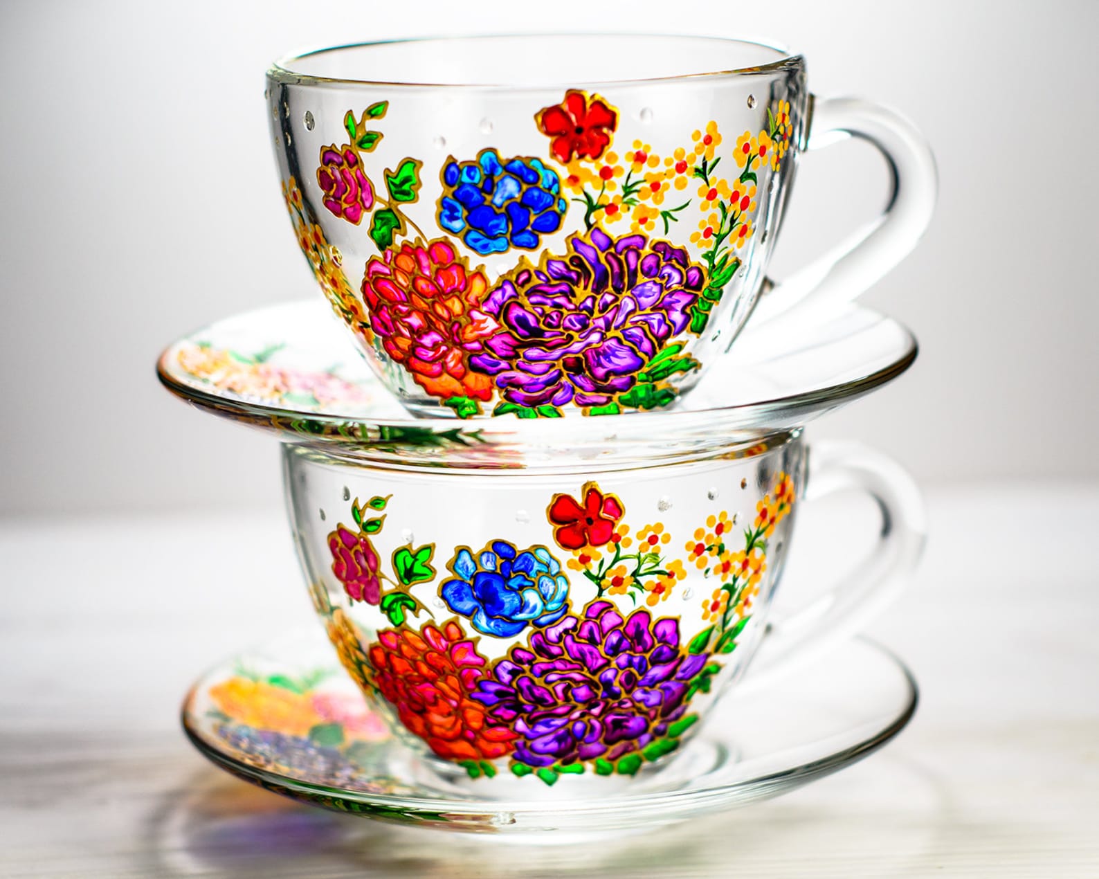 Tea Cups and Saucers Colorful Floral Tea Set 2 Cups With | Etsy