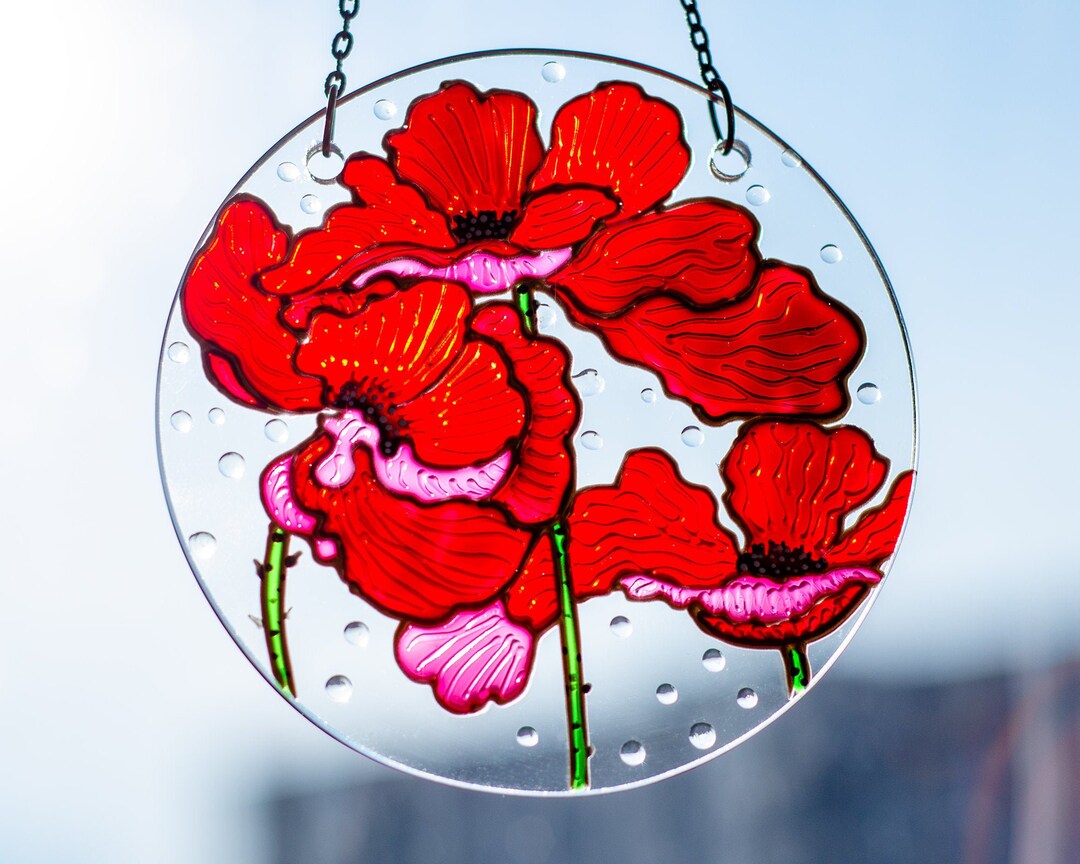 Poppy Ornament Stained Glass Decor Red Poppies Window Hanging - Etsy