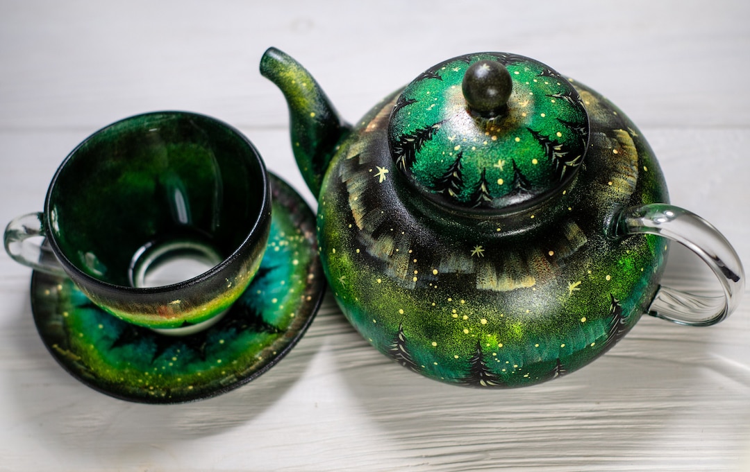 Teapot With Cups and Saucers, Personalized Tea Set, Northern Lights ...