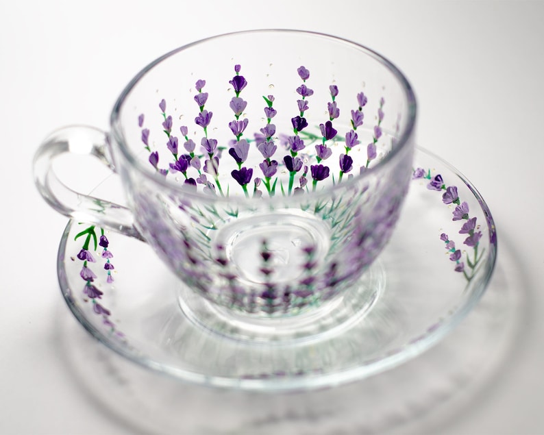 Tea Cup and Saucer Lavender Tea Set Floral Glass Teacup | Etsy
