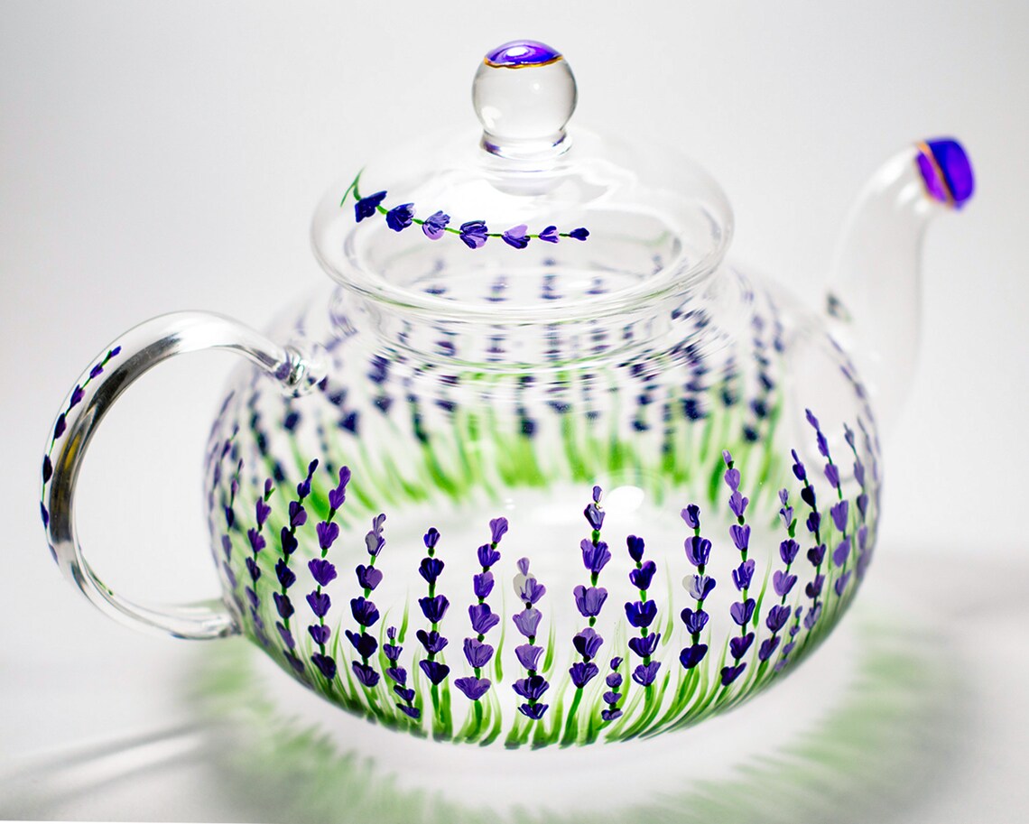 Lavender Teapot Rustic Hand Painted Glass Teapot With Infuser Tea Party ...