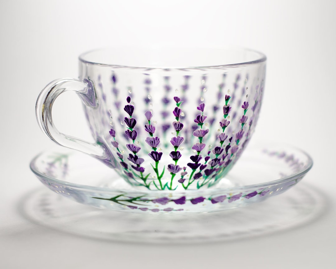 Tea Cup and Saucer Lavender Tea Set, Floral Glass Teacup, Personalized ...