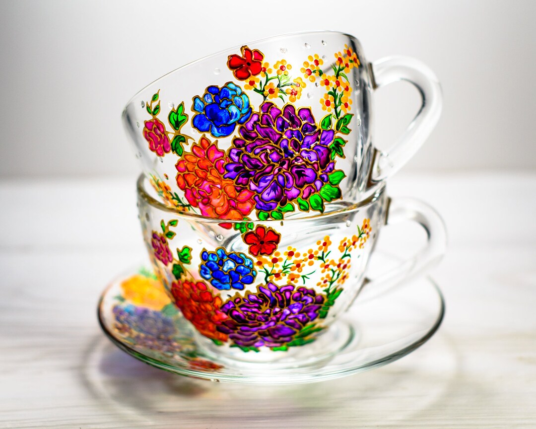Tea Cups and Saucers Colorful Floral Tea Set 2 Cups With Saucers ...