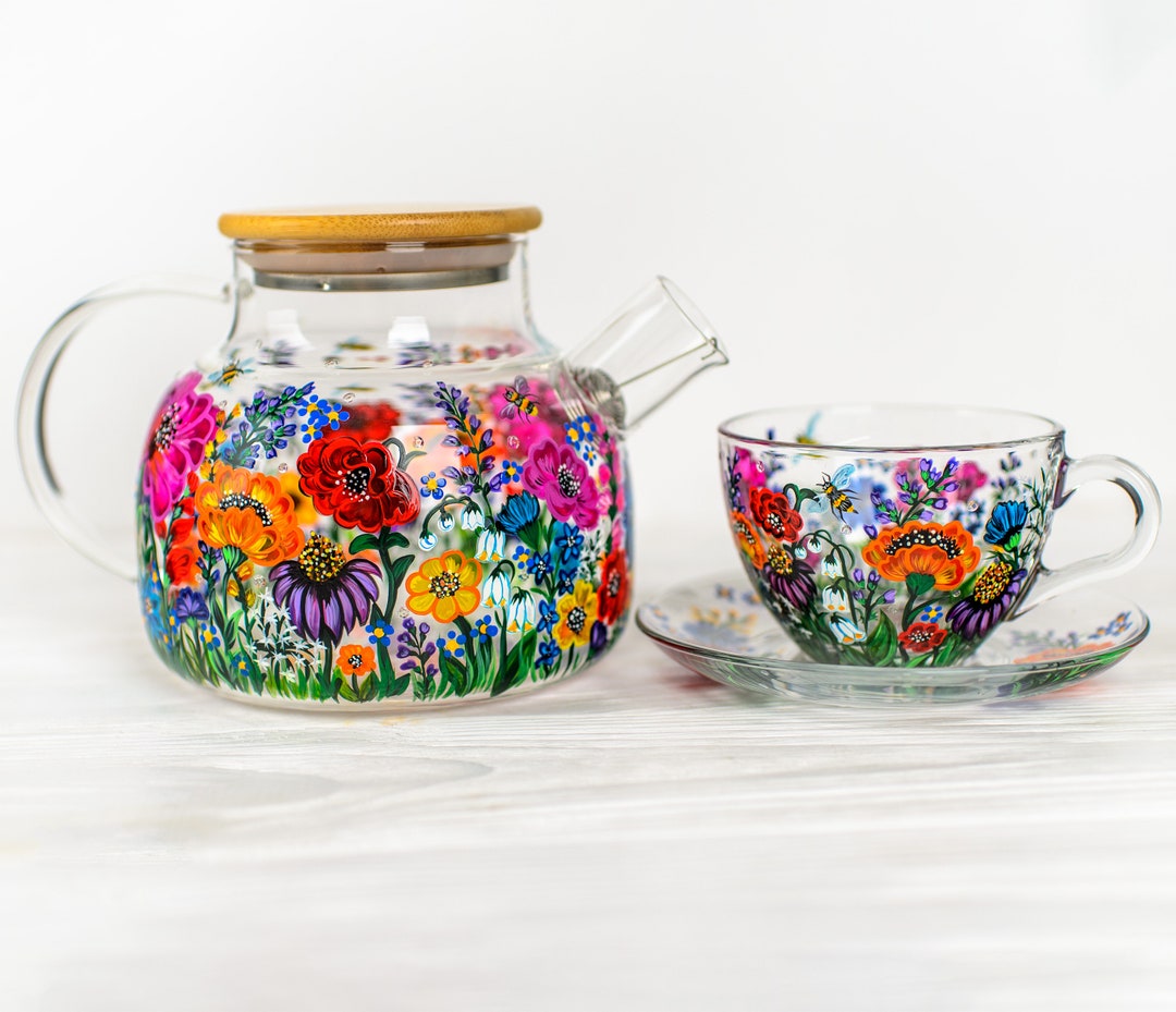 Personalized Wildflowers Glass Teapot With Cups and Saucers, Floral Tea ...