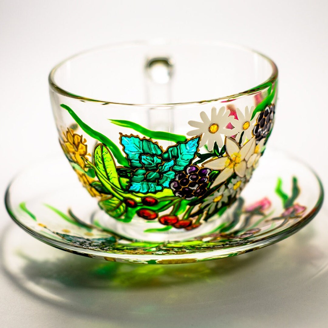 Hand Painted Botanical Tea Cup With Saucer, Handmade Tea Set Floral - Etsy