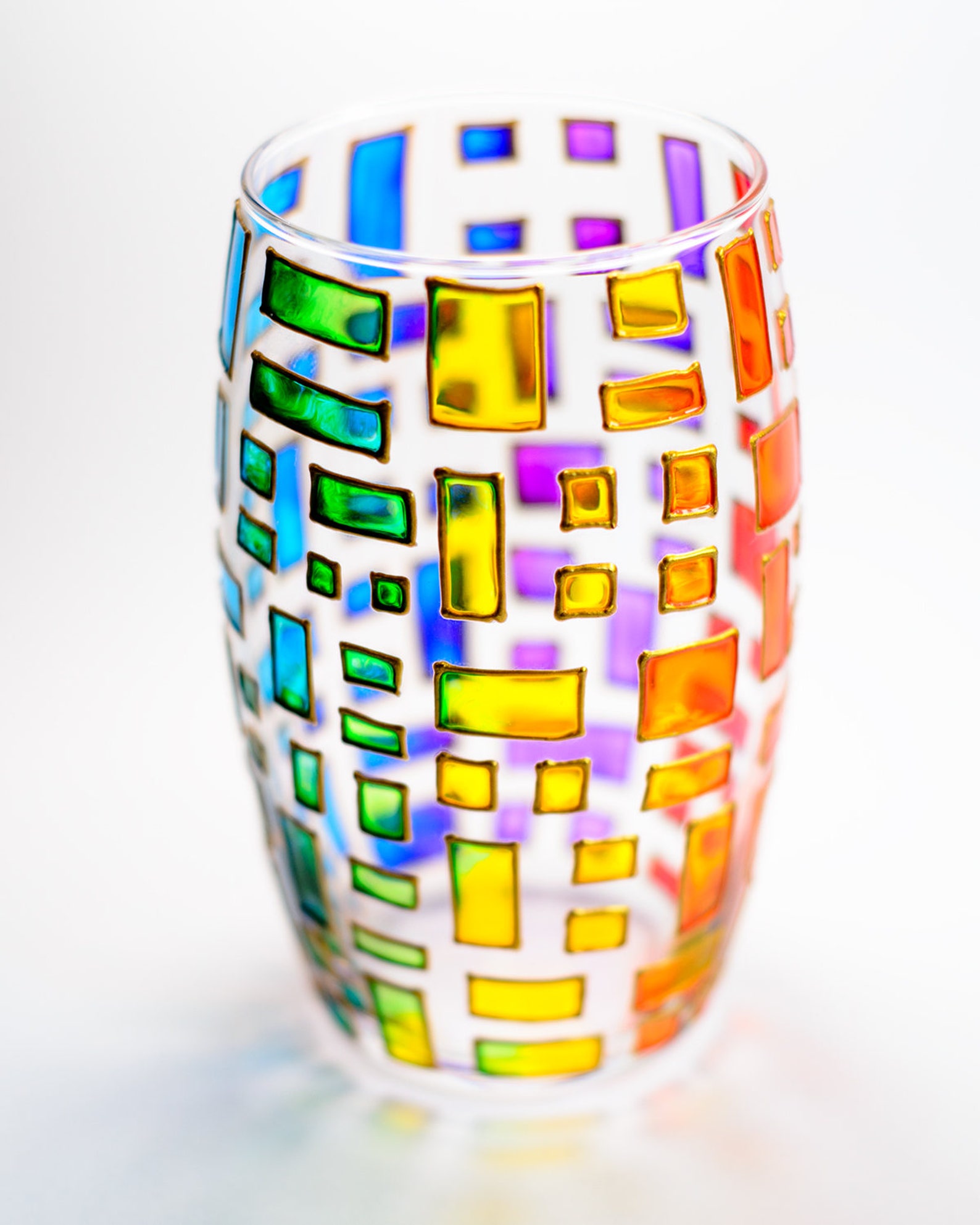 Hand Painted Stemless Wine Glass With Rainbow Multi Colored | Etsy