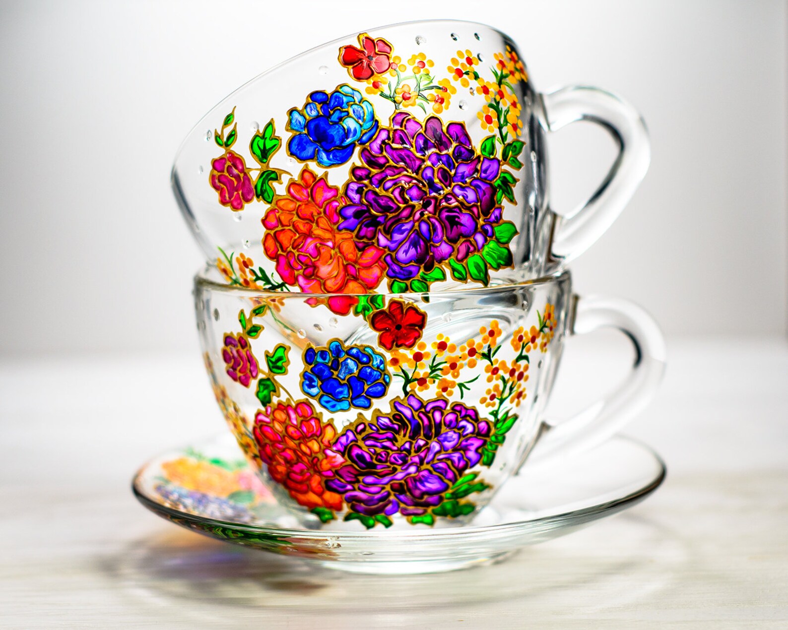 Tea Cups and Saucers Colorful Floral Tea Set 2 Cups With | Etsy